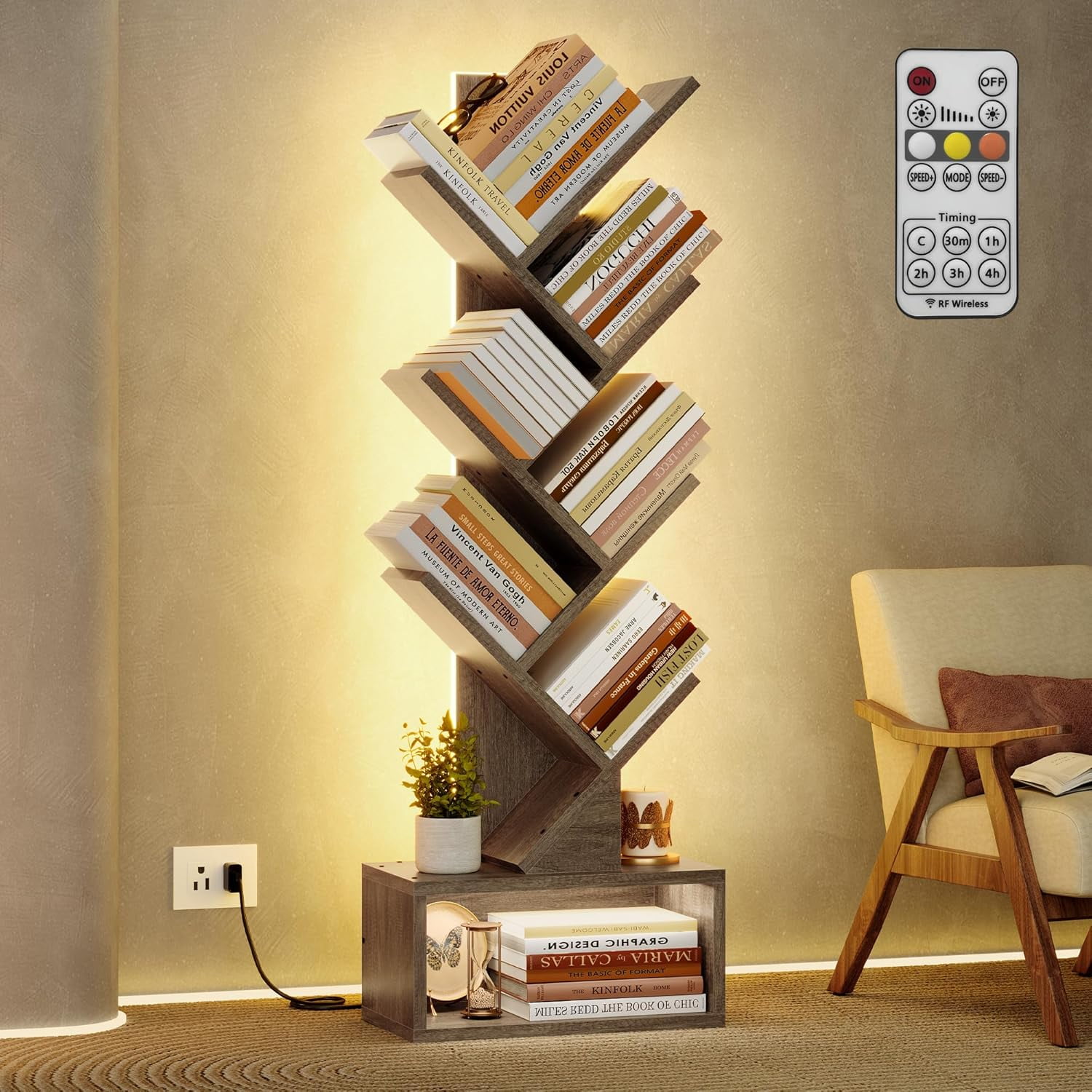 6 Tier Tree Bookshelf, Tall Bookcase, Freestanding Book Shelf with LED ...