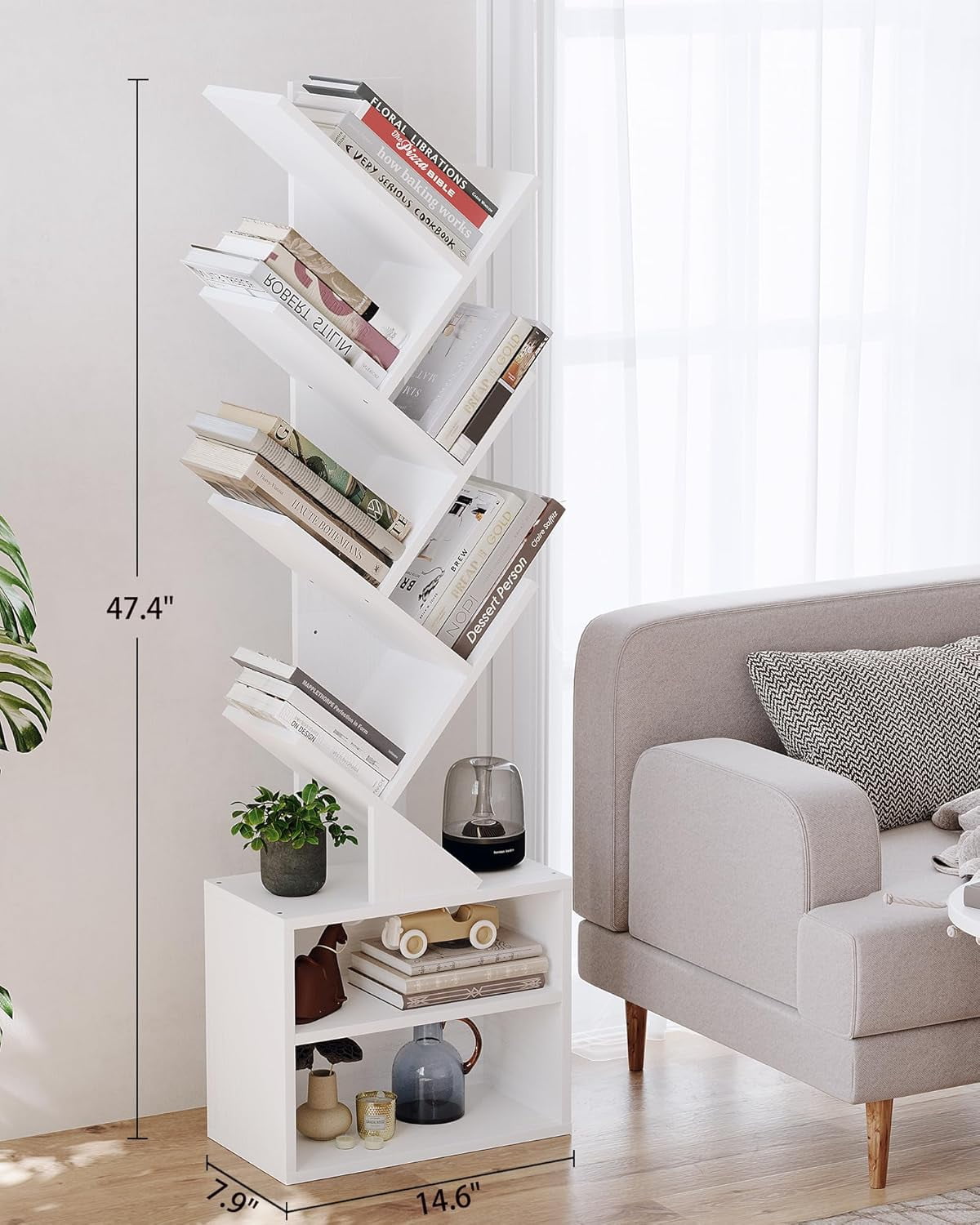 6 Tier Tree Bookshelf, Tall Bookcase with Storage Cabinet, Modern ...