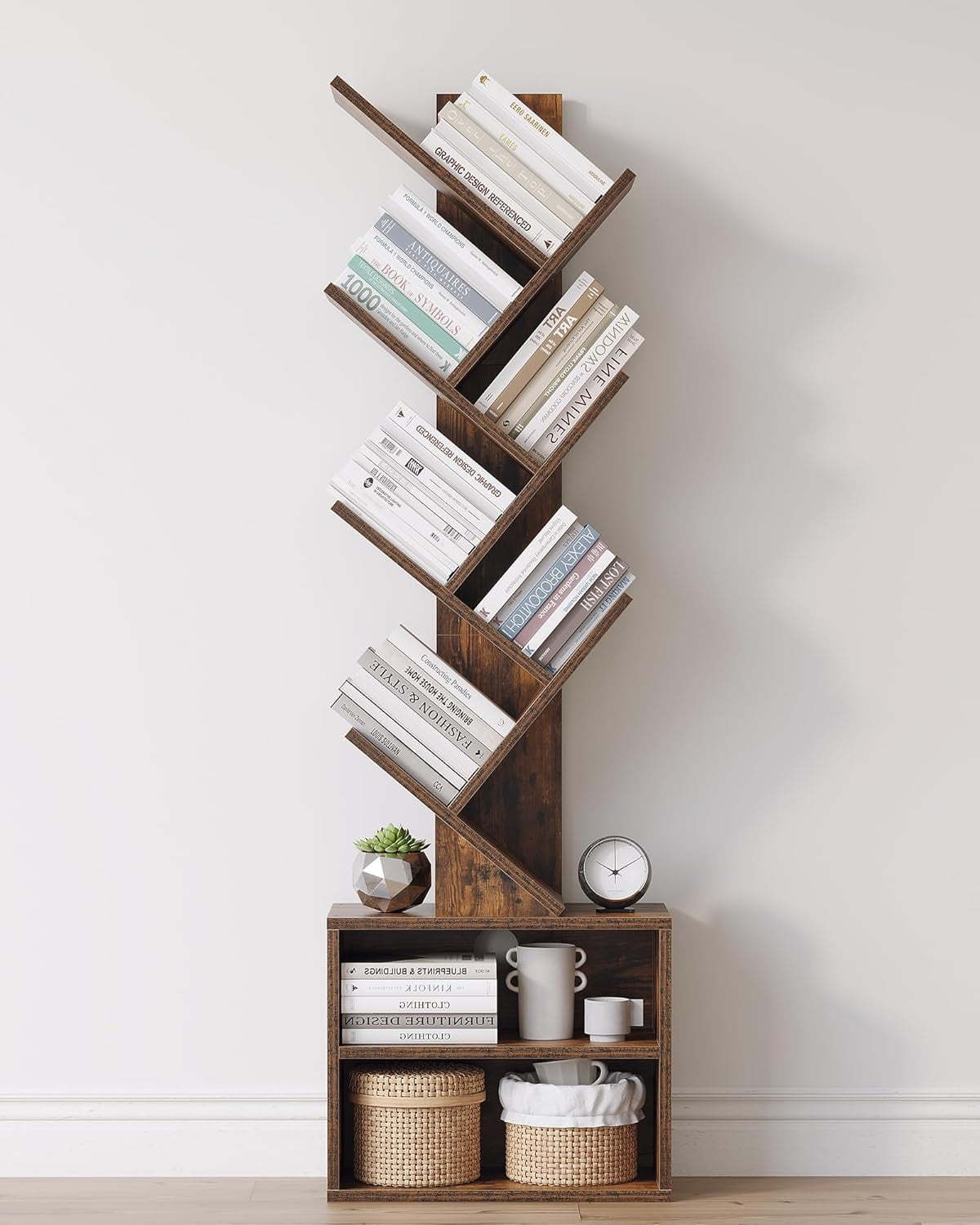 6 Tier Tree Bookshelf, Tall Bookcase with Storage Cabinet, Modern ...