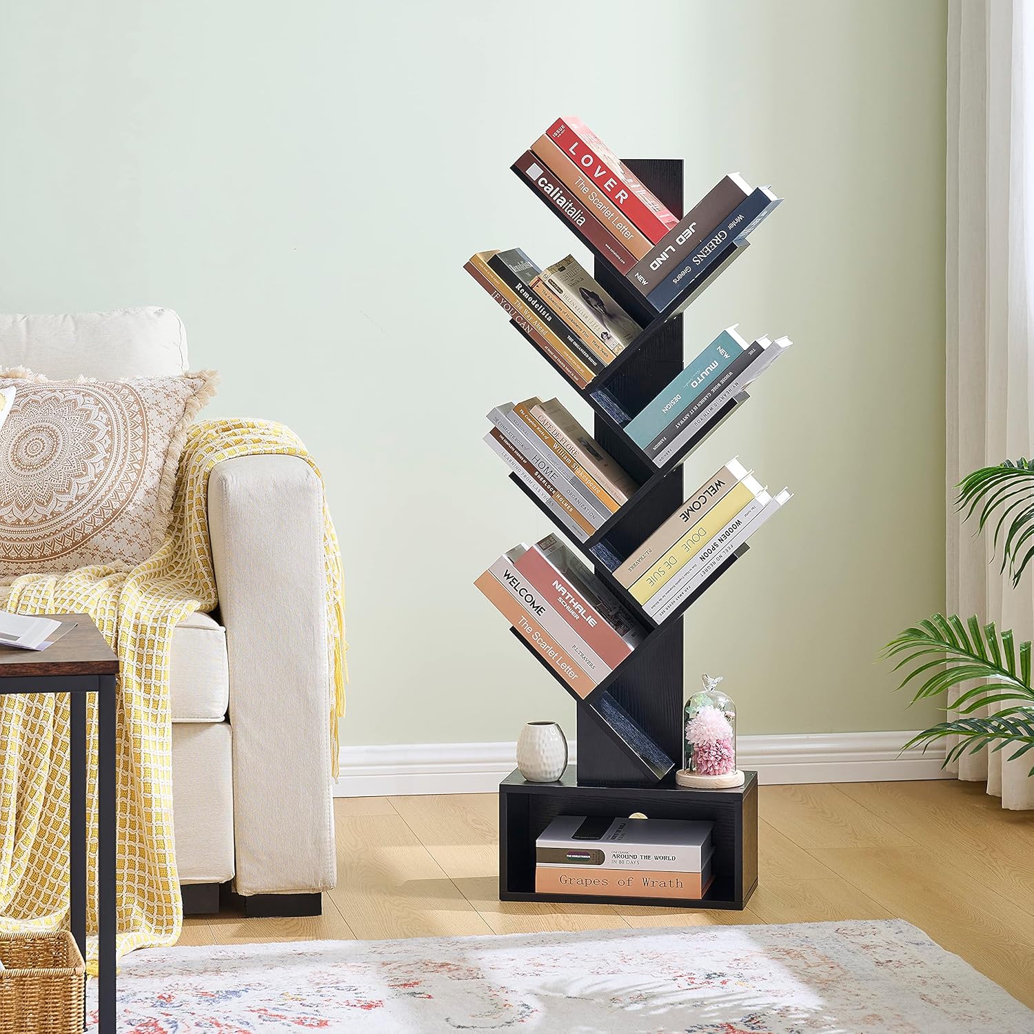 6 Tier Tree Bookshelf, Tall Bookcase with Drawer, Freestanding Book ...
