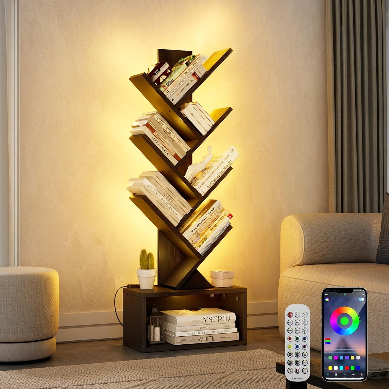 6 Tier Tree Bookshelf with LED Light, Vertical Bookcase Tower with ...