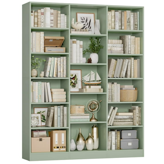 6 Tier Triple Column Bookshelf with 17 Open Display Shelves, Wide Tall ...