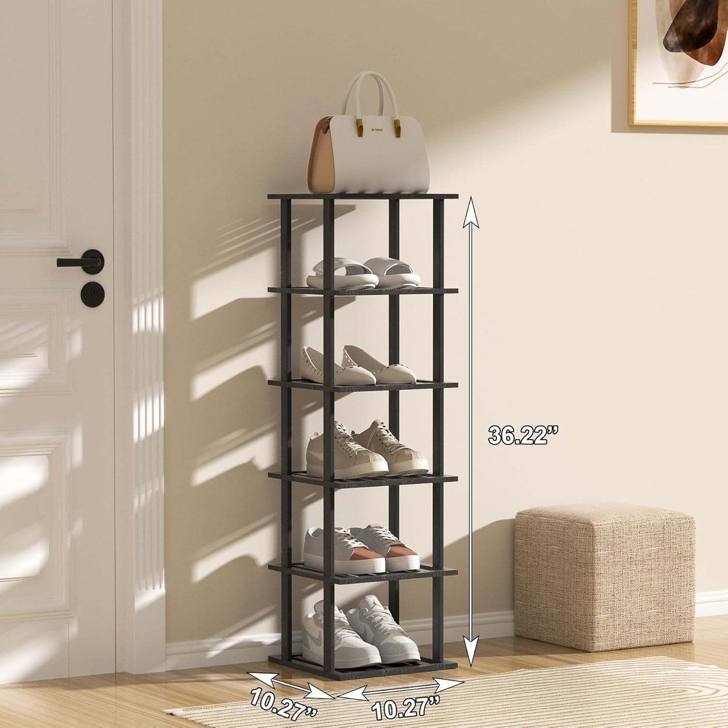 6-Tier Vertical Narrow Bamboo Shoe Rack, Stackable Black Organizer for ...