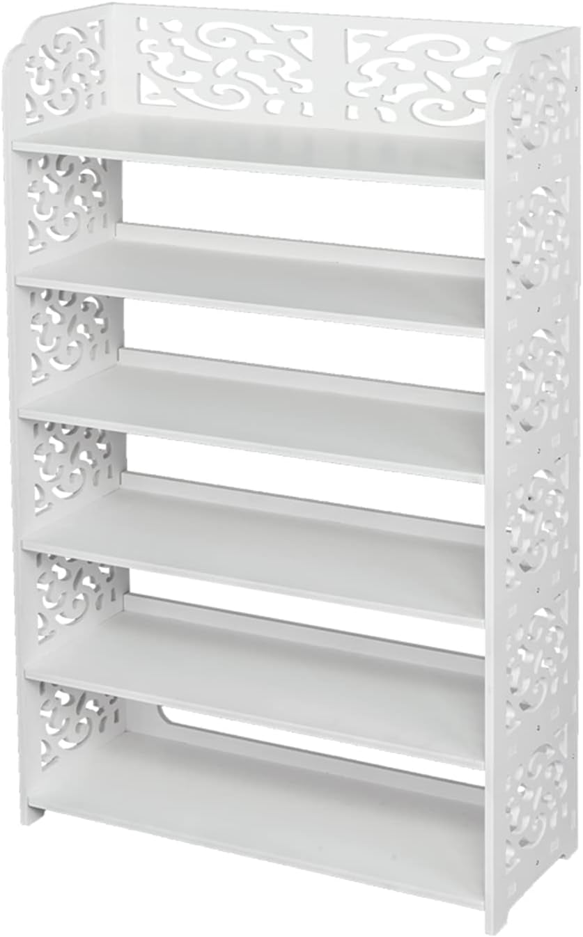 6-Tier White Hollow Carved Shoe Rack - Wood-Plastic Board Shoe Storage ...