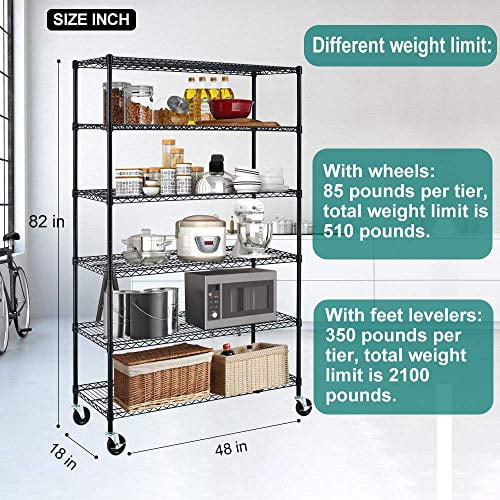 6 Tier Wire Rack Storage Shelves Wire Shelving Unit with Wheels Heavy ...