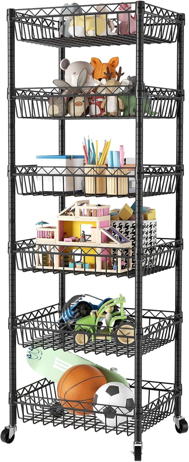 6 Tier Wire Shelving Unit with Wheels Baskets Storage Rack Corner ...