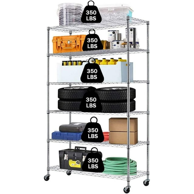 6 Tier Wire Shelving Unit with Wheels, Heavy Duty Storage Shelves, Garage Kitchen Adjustable NSF ...