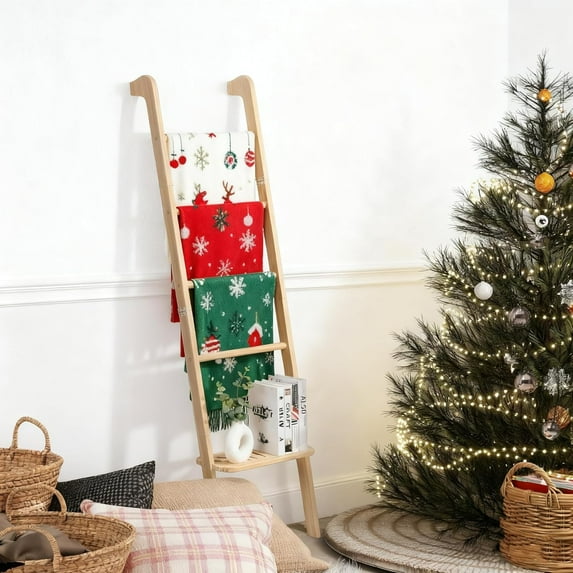 6-Tier Wood Blanket Ladder for Living Room Rustic Wooden Farmhouse ...