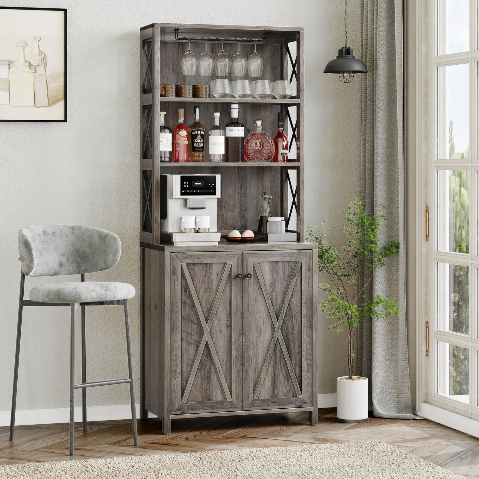 6-Tier Wood Kitchen Pantry Farmhouse Wine Storage Cabinet Home Coffee ...