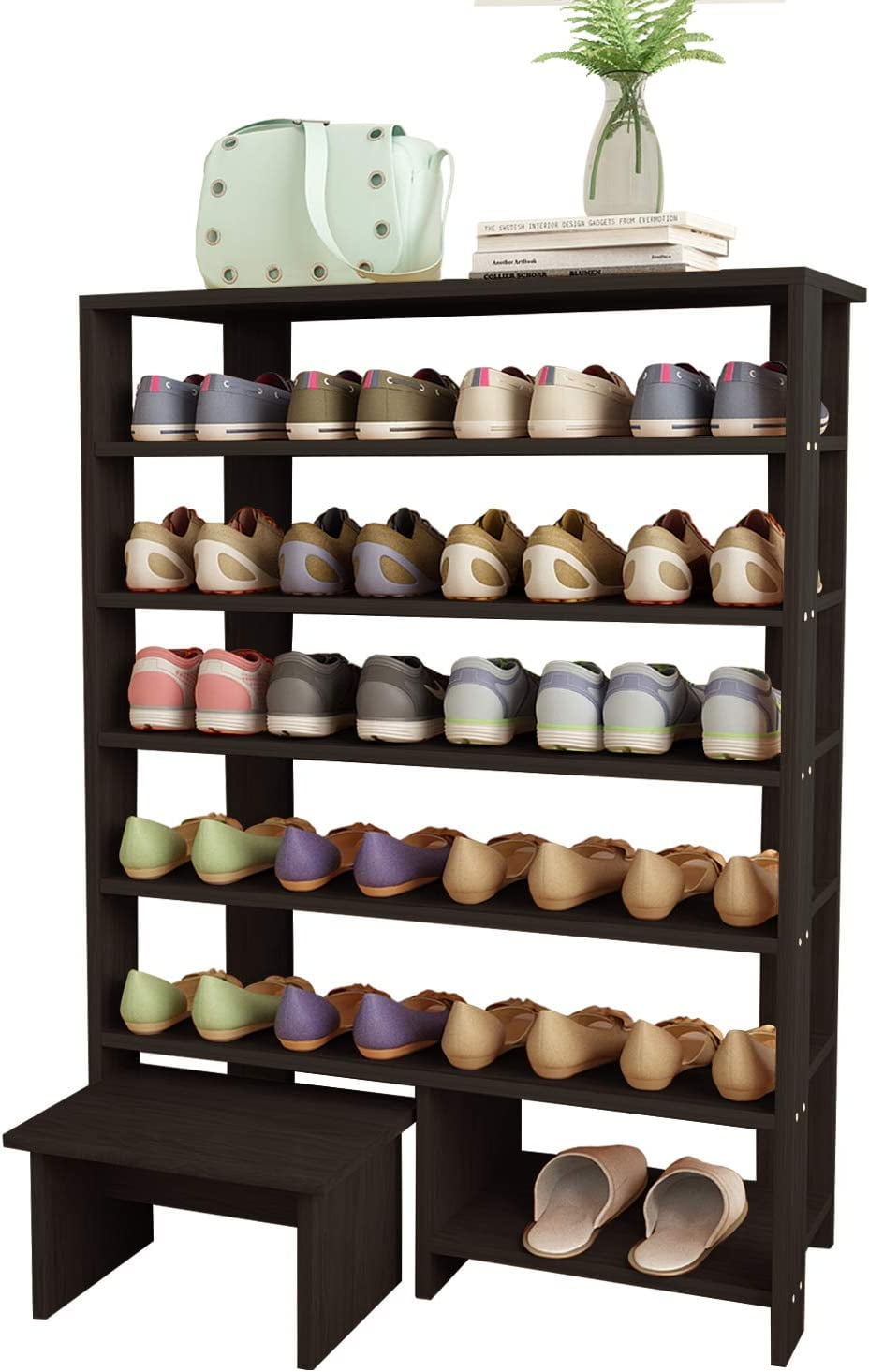6 Tier Wood MDF Shelf Shoe Rack with One Footstool/Shoe Storage Shelves ...