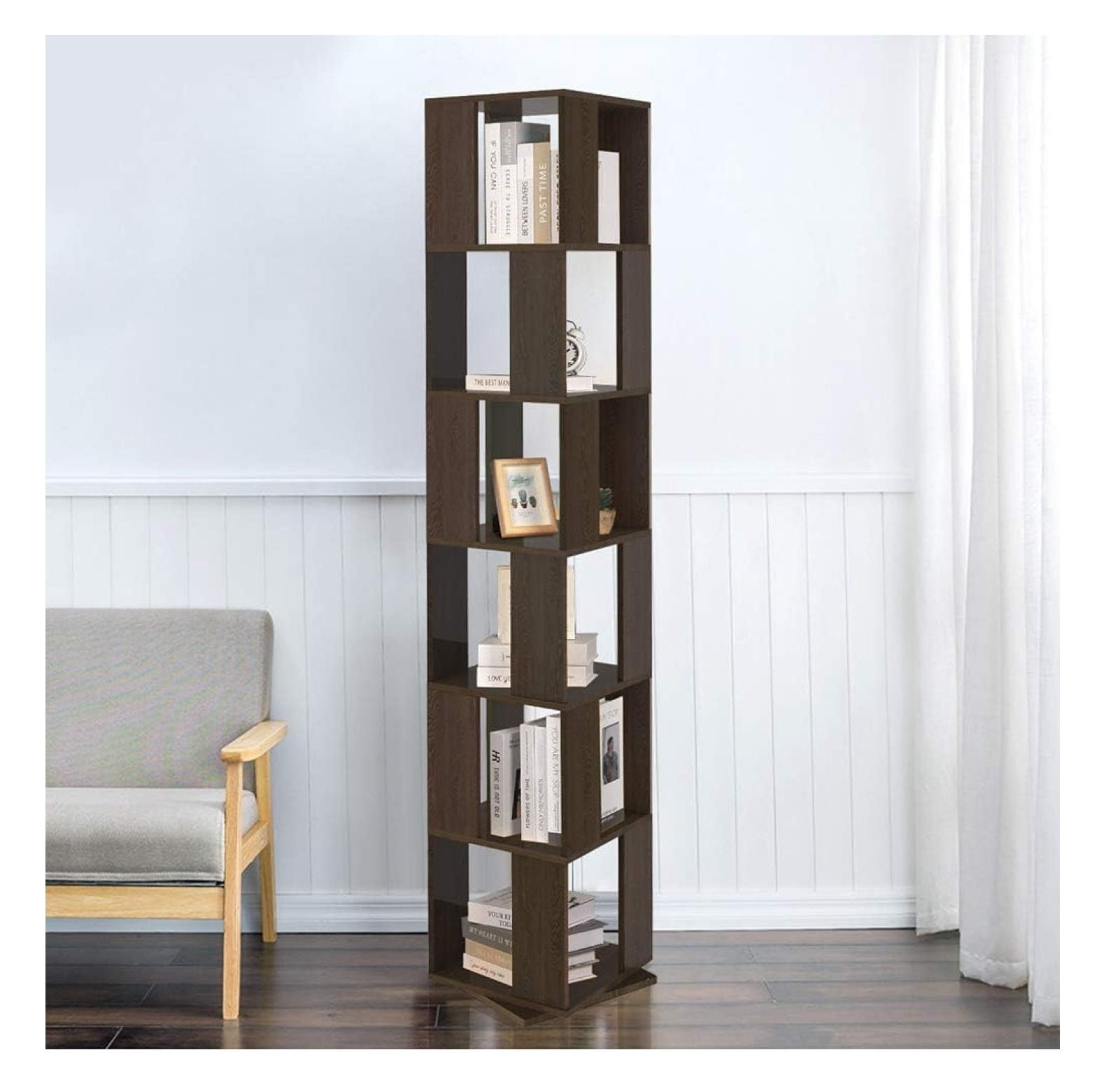 6 Tier Wooden Bookcase Corner Tall Book Shelf Modern 360° Rotating ...