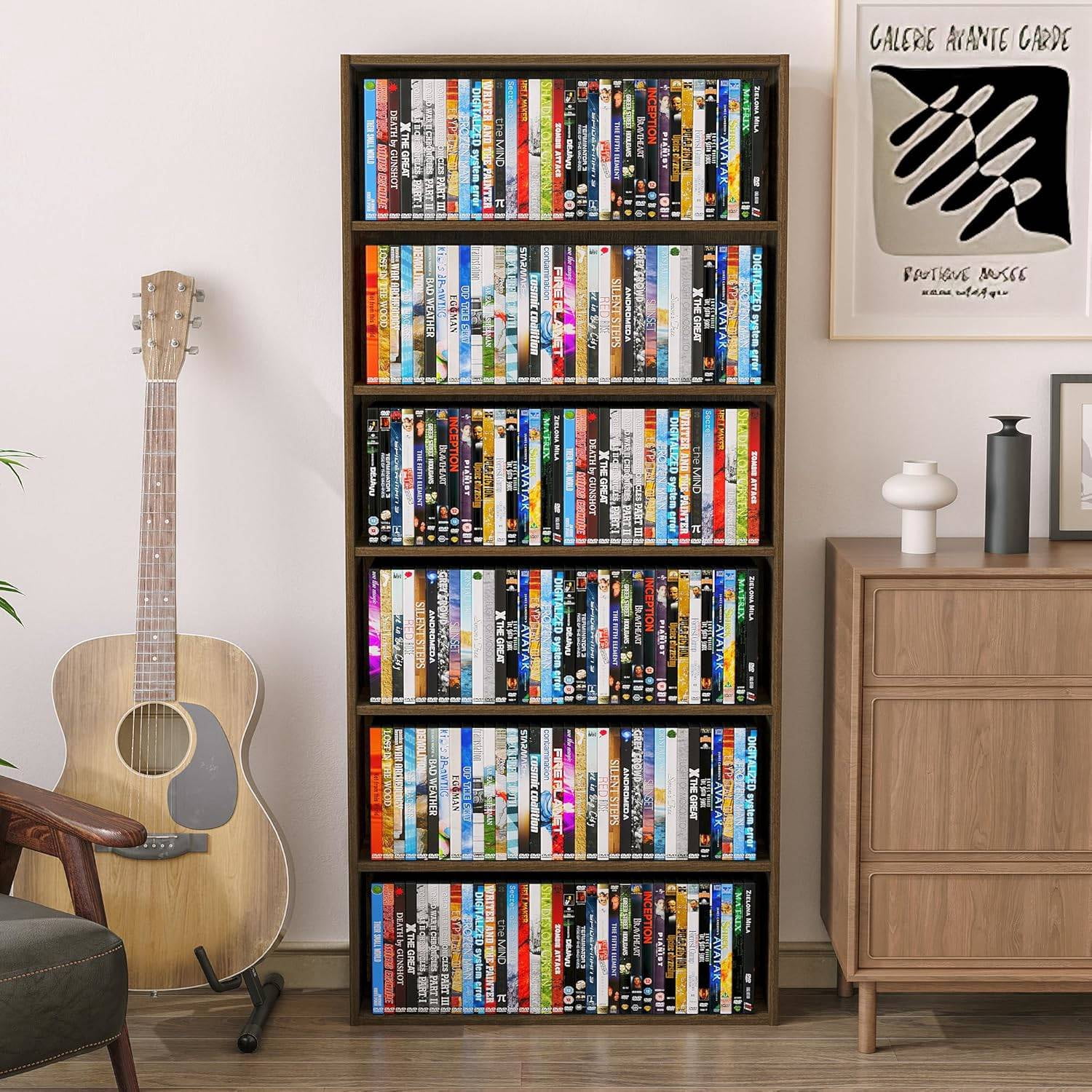 6-Tier Wooden DVD Storage Shelf Stand, Brown, 6.6" x 23.6" x 52.8 ...
