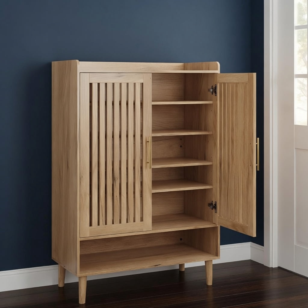 6-Tier Wooden Shoe Cabinet with 2 Doors, Oak Finish Shoe Storage ...