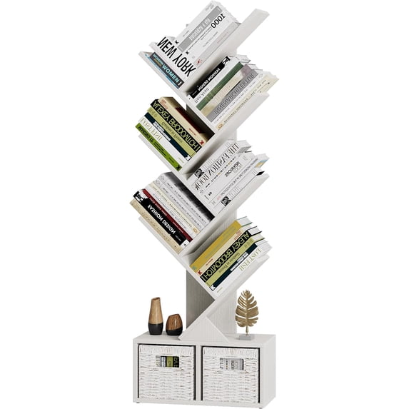 6-Tier Wooden Tree Bookshelf with Storage Cabinet - Tall Narrow ...