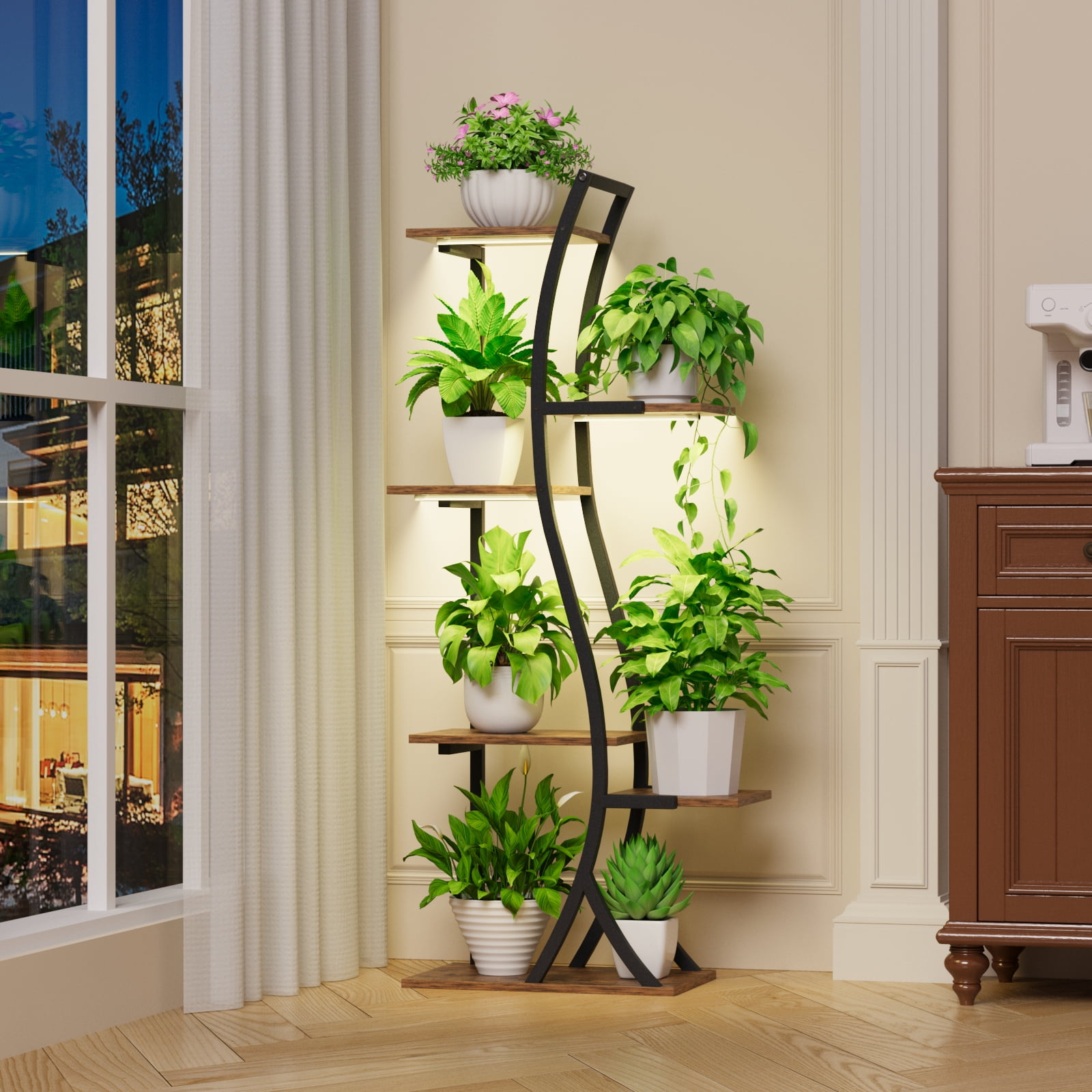 6 Tiered Plant Stand with Grow Light Indoor, 44.5" Corner Plant Shelf for Indoor Plants Multiple ...