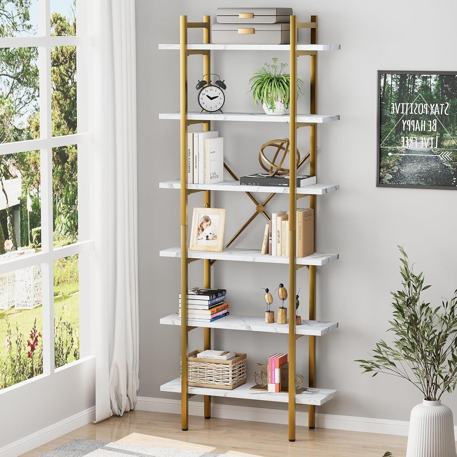 6 Tiers Bookshelf Organizer White Faux Marble Shelf,Modern Open Display ...