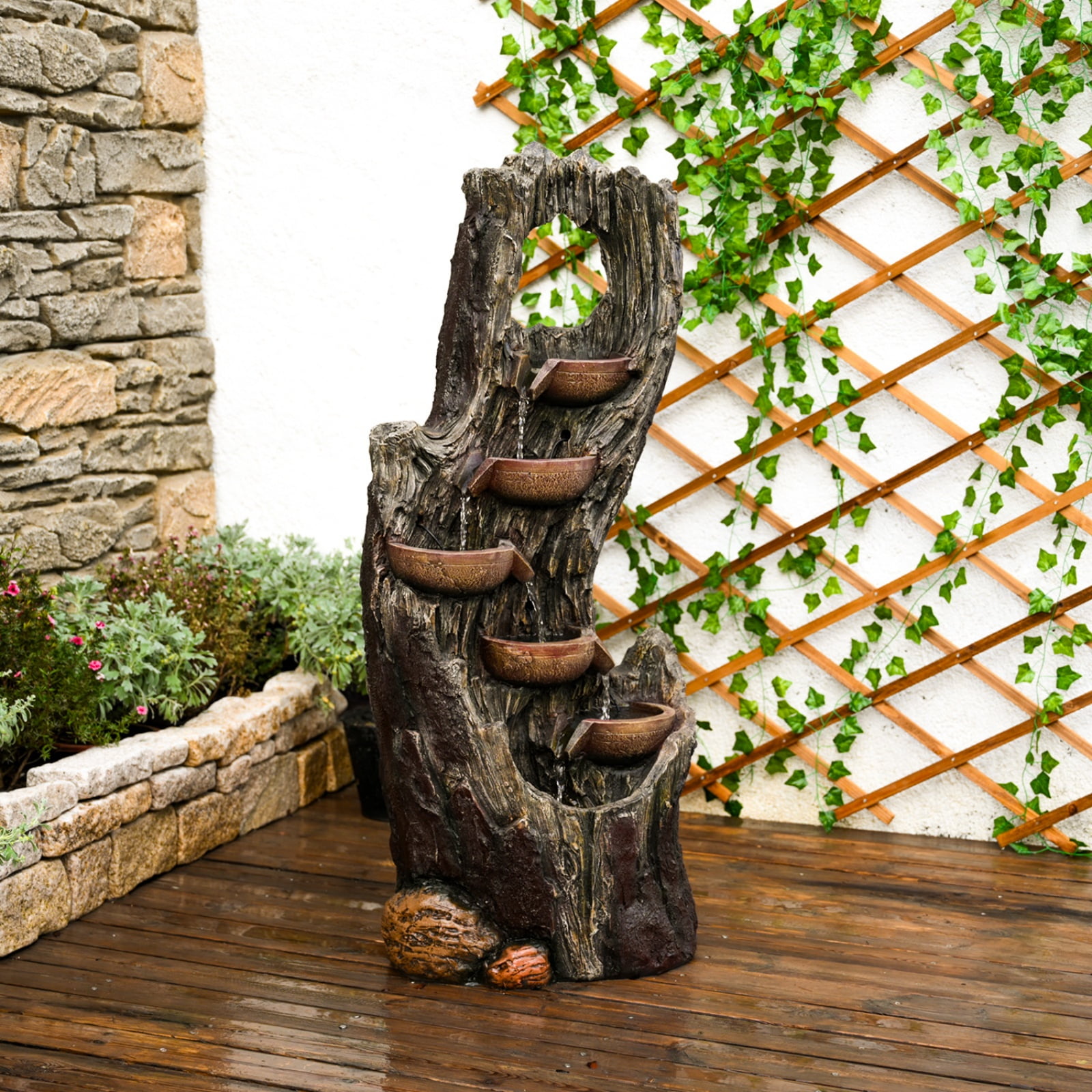 6-Tiers Floor Cascading Waterfall Fountains Outdoor Indoor Tree Trunk ...
