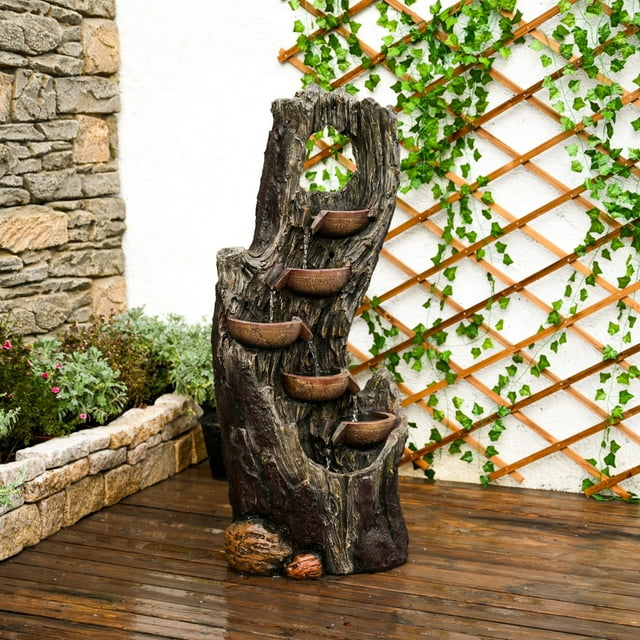 6-Tiers Floor Cascading Waterfall Fountains Outdoor Indoor Tree Trunk ...