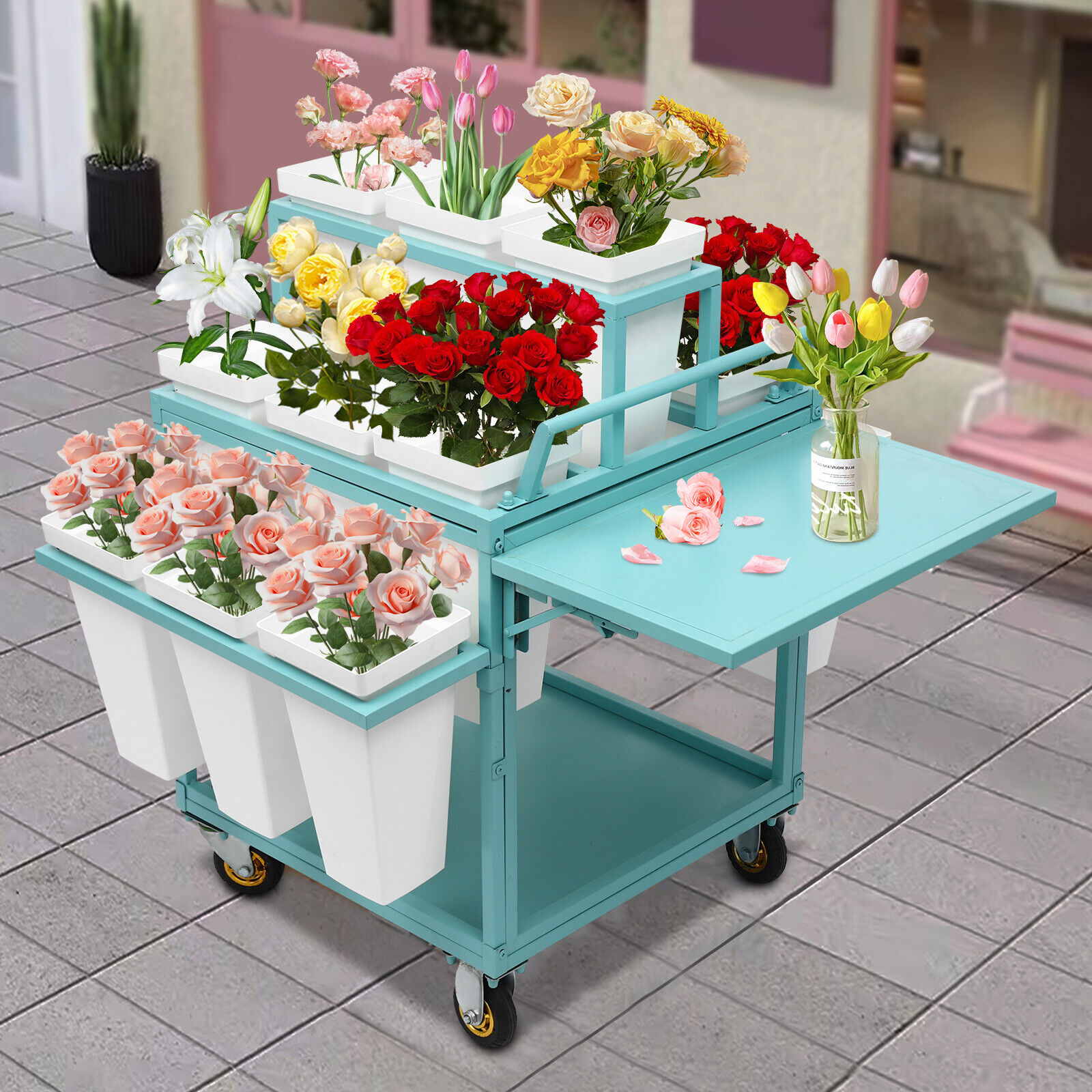 6 Tiers Floor Mount PP Flower Display Stand with Buckets Rolling Flower ...