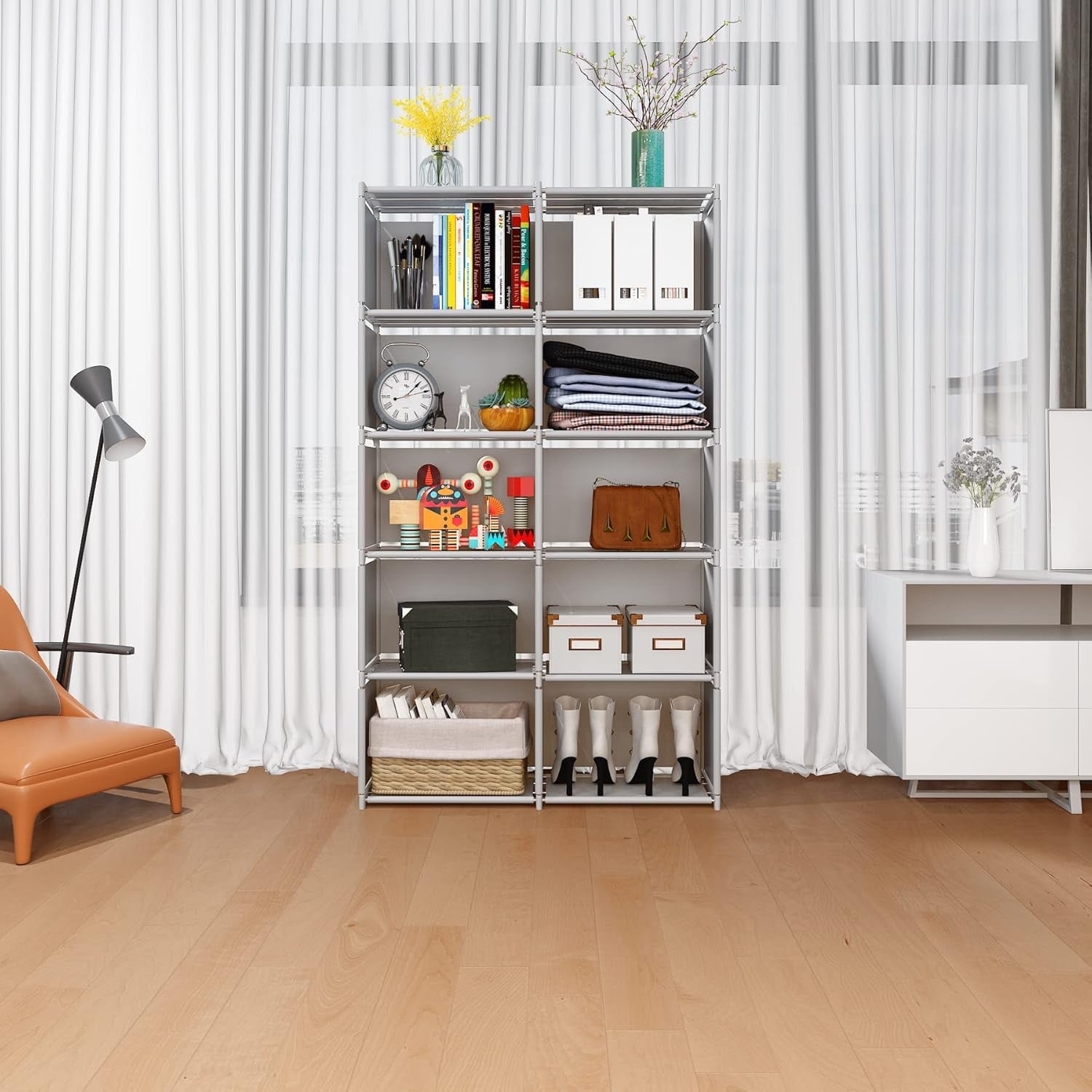 6-Tiers Portable Bookshelf with Fabric Cloth at Back, 10 Cube Closet ...