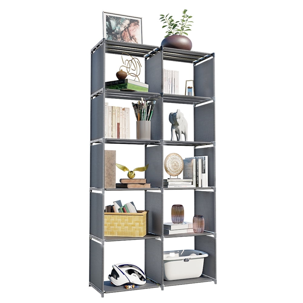 6-Tiers Portable Bookshelf with Fabric Cloth at Back, 10 Cube Closet ...