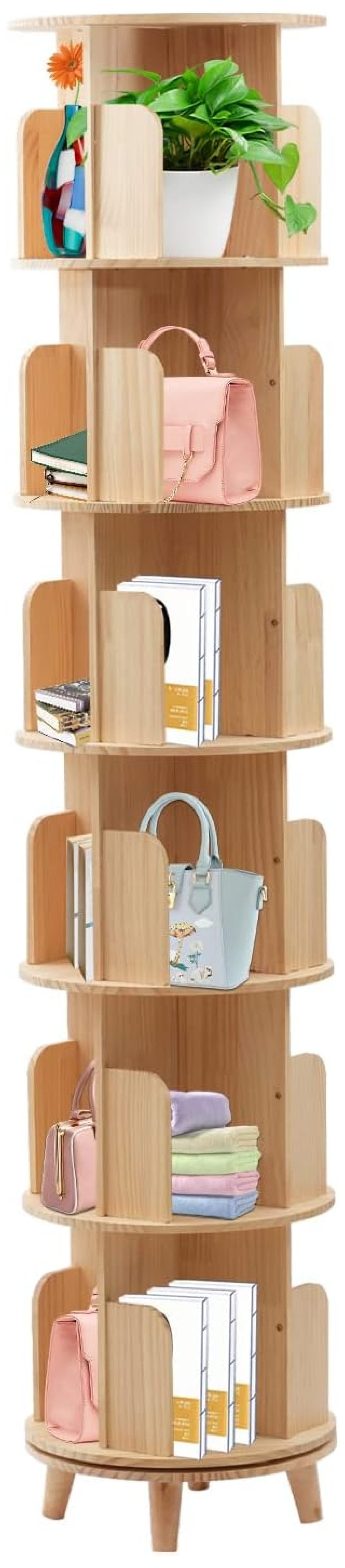 6 Tiers Rotating Bookshelf, 76'' Tall Solid Wood Spinning Bookshelf ...