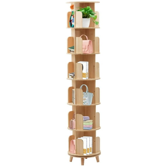 6 Tiers Rotating Bookshelf, 76'' Tall Solid Wood Spinning Bookshelf ...