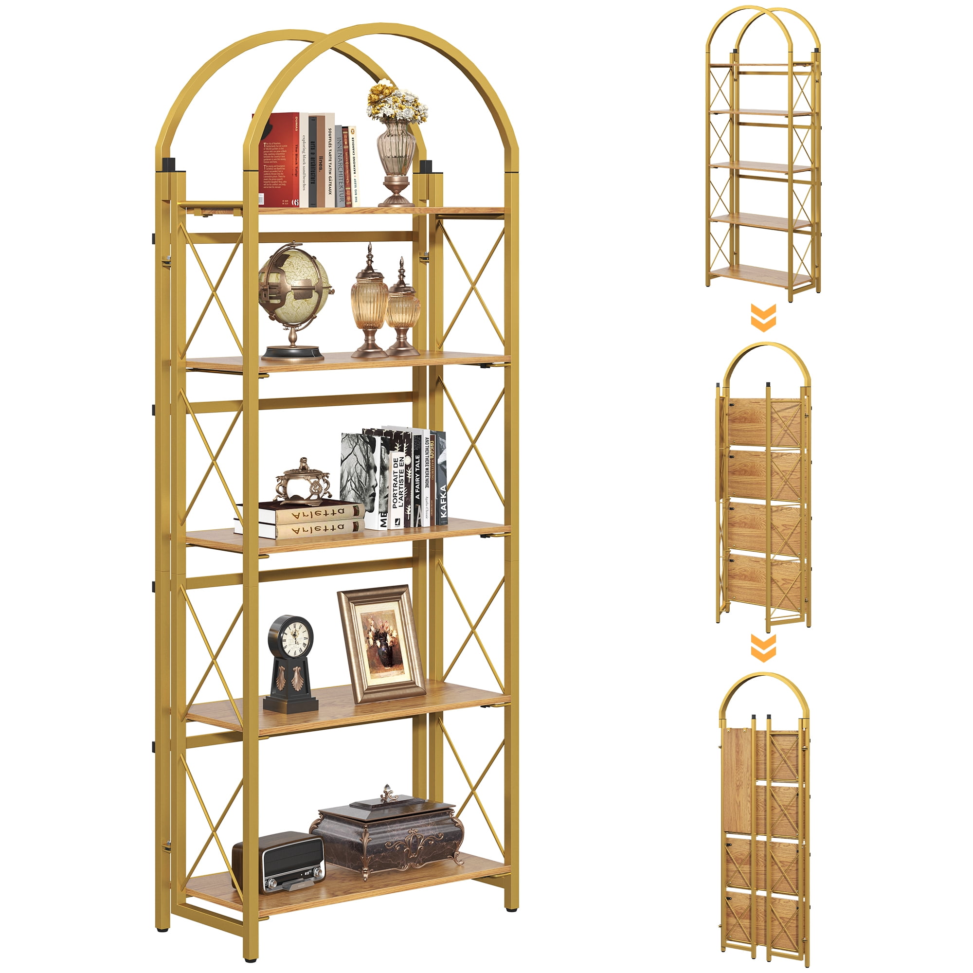 Folding Arched Bookshelf with Storage Shelves, 5-Tier Collapsible ...