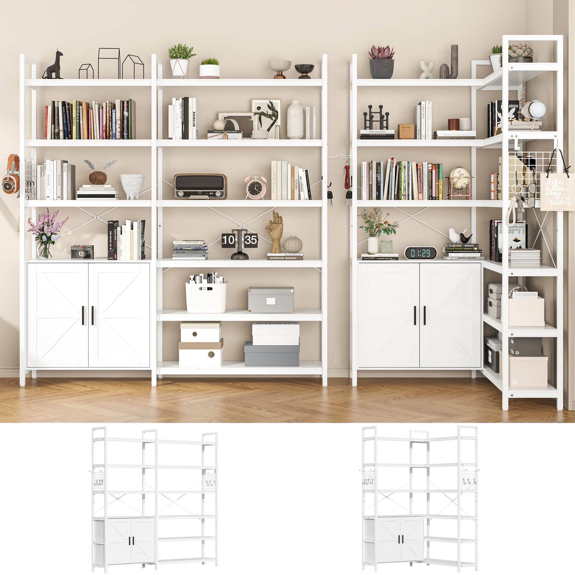 6 Tire Large White L Shaped Bookshelf & Corner Bookcase with Storage ...