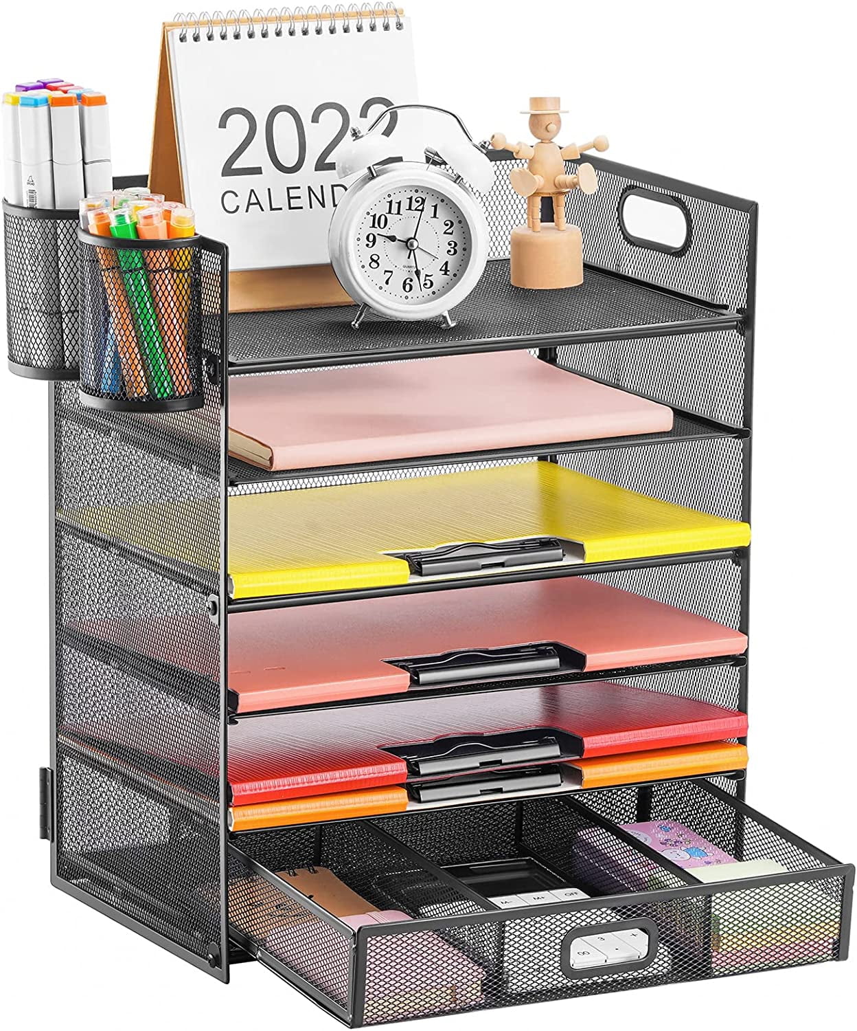 6 Tray Paper Organizer Letter Tray with Drawer - Mesh Desk File ...