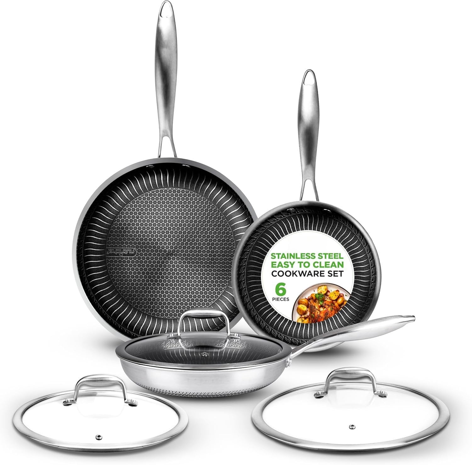 6- Tri-Ply Stainless Frying Pan Set - 8", 10", 12" Non- Skillets with ...