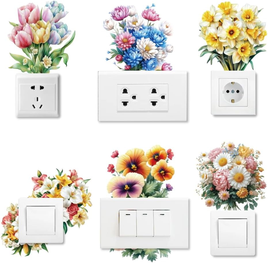 6 Types Flowers Light Switch Stickers Fresh Plants Wall Sticker ...