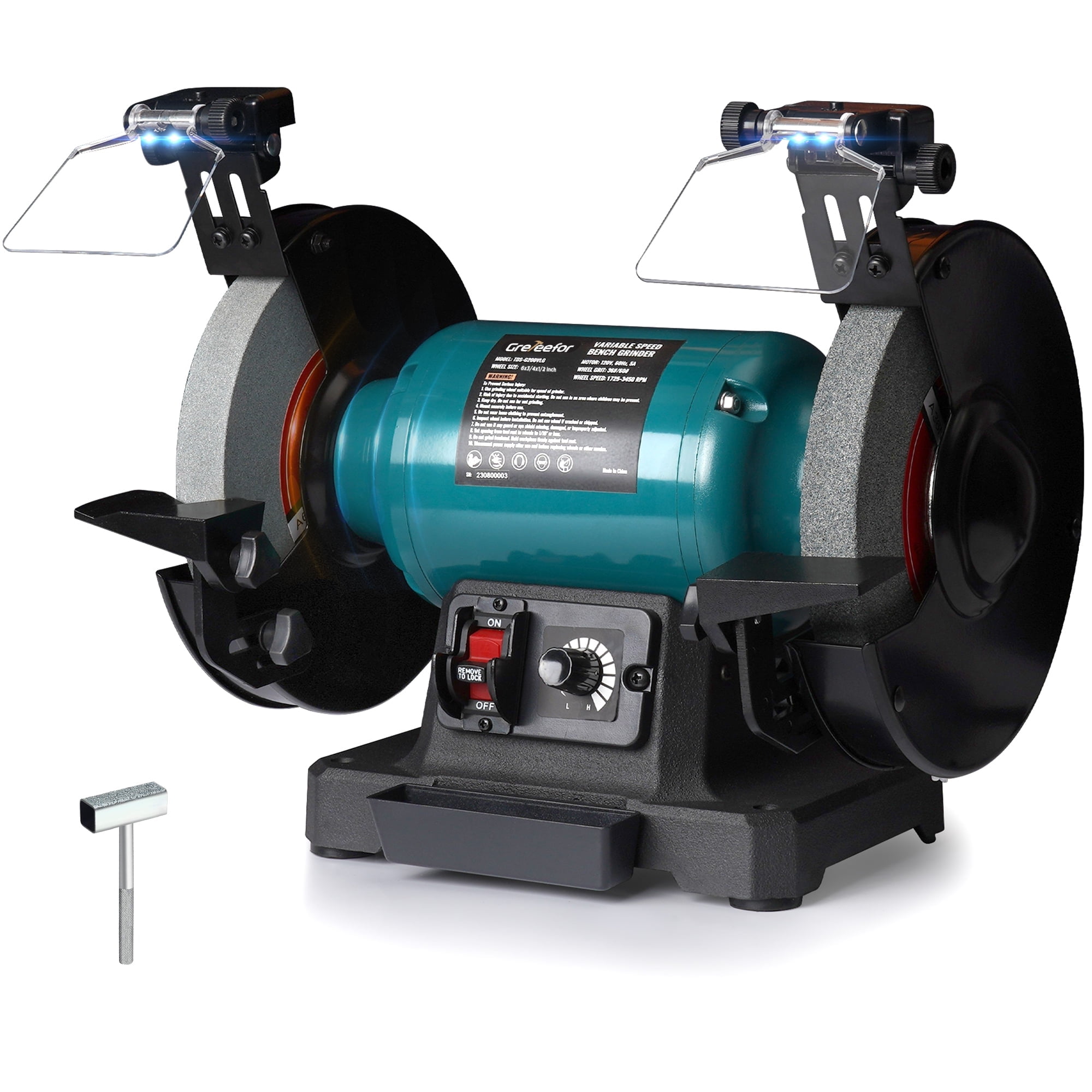 6" Variable Speed Bench Grinder, woork Light,1/2 HP,1725-3450 RPM,Eye ...