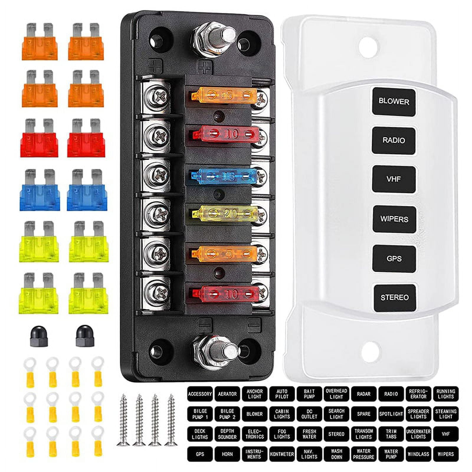 6 Way Fuse Block Blade Fuse Box with Negative Bus - / for Boat Yacht Vehicle Auto RV Car Trailer ...