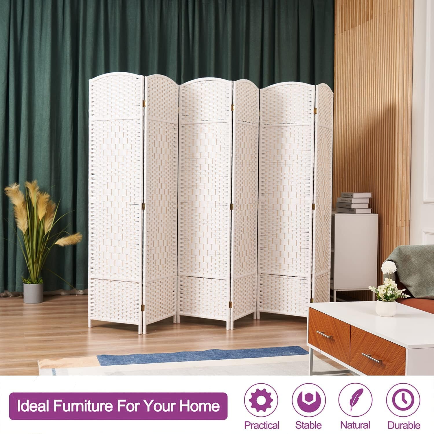 6 White Room Divider, 5.7 Foot Wooden Fiber Handmade Rattan Partition ...