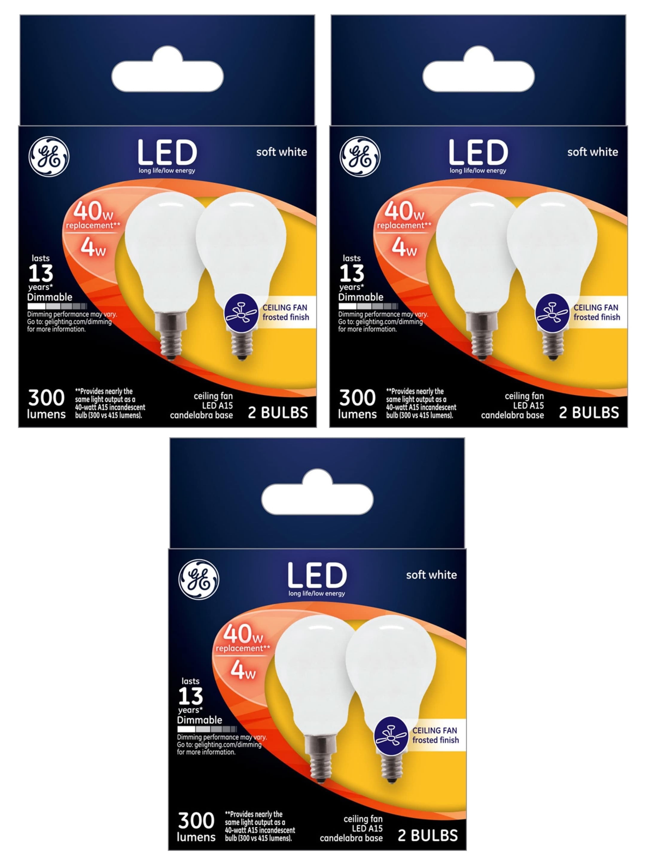 (6 bulbs) GE 33631 LED A15 Ceiling Fan Light Bulb, 40 watt replacement ...