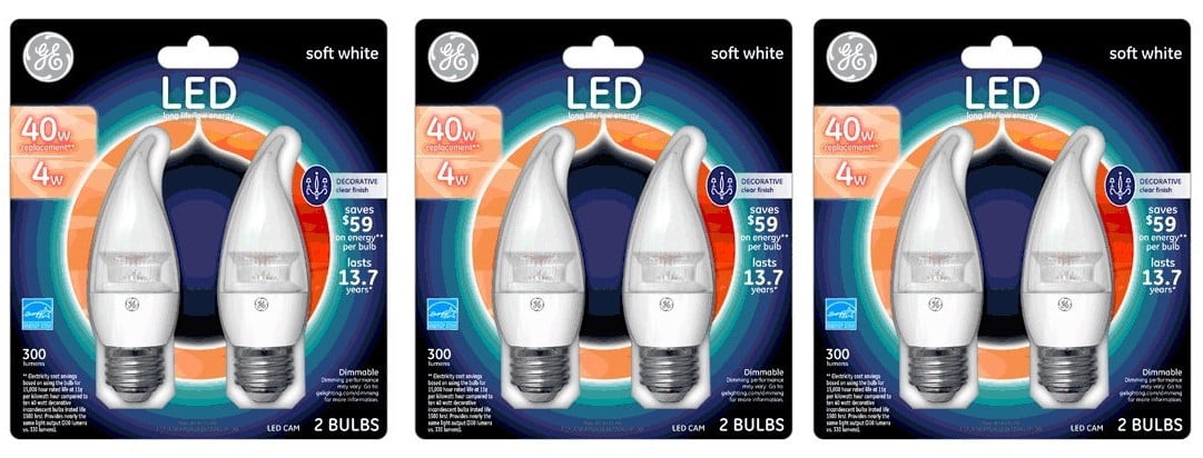 (6 bulbs) GE 34732 LED Chandelier Bulb, 300 Lumen, 4 watt LED Light ...