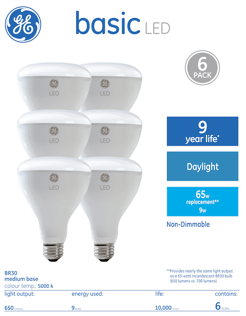(6 bulbs) GE Basic LED BR30, Daylight 5000K, 650 lumens, 65 watt ...