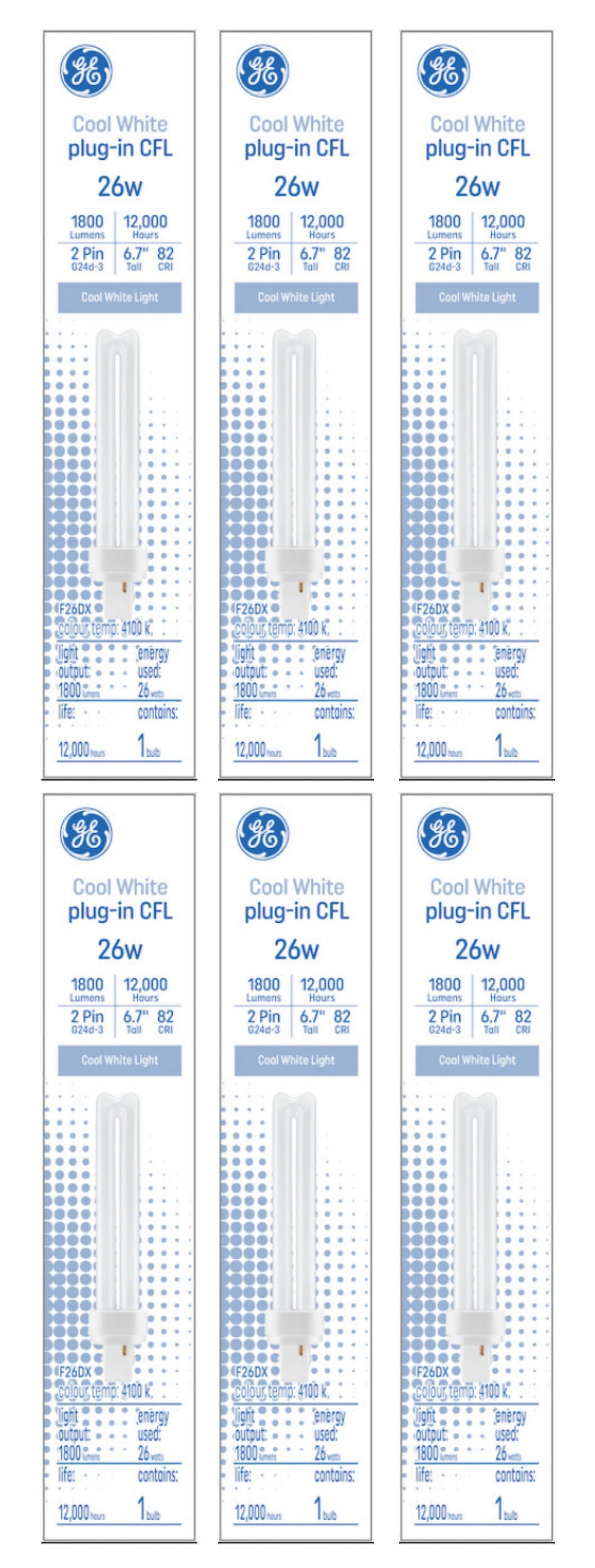(6 bulbs) GE Bright Cool White 26 watt Plug-in CFL G24d-3 base, 6.7 ...