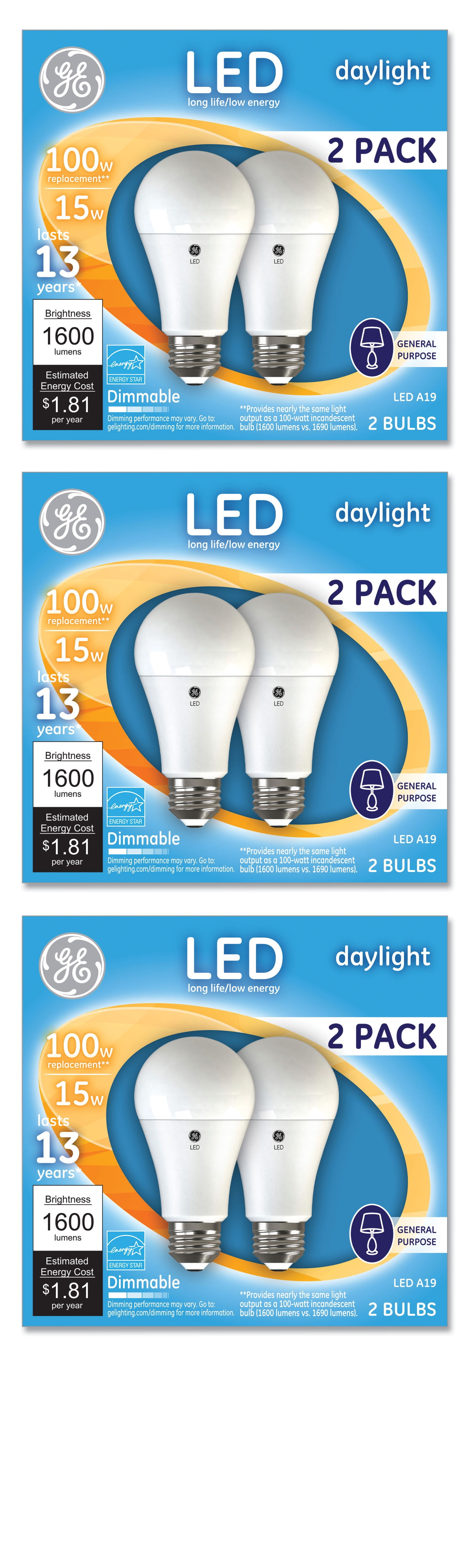 (6 bulbs) GE LED A19, 15 watt, 1600 lumens, Dimmable, Daylight 5000K ...