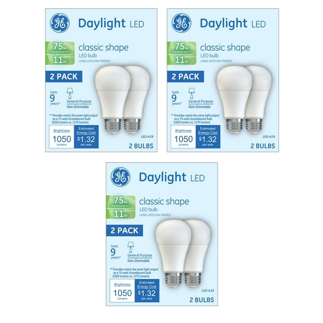 (6 bulbs) GE Lighting 21173 General Purpose Classic Shape A19 LED 11watt light bulb (75-Watt ...