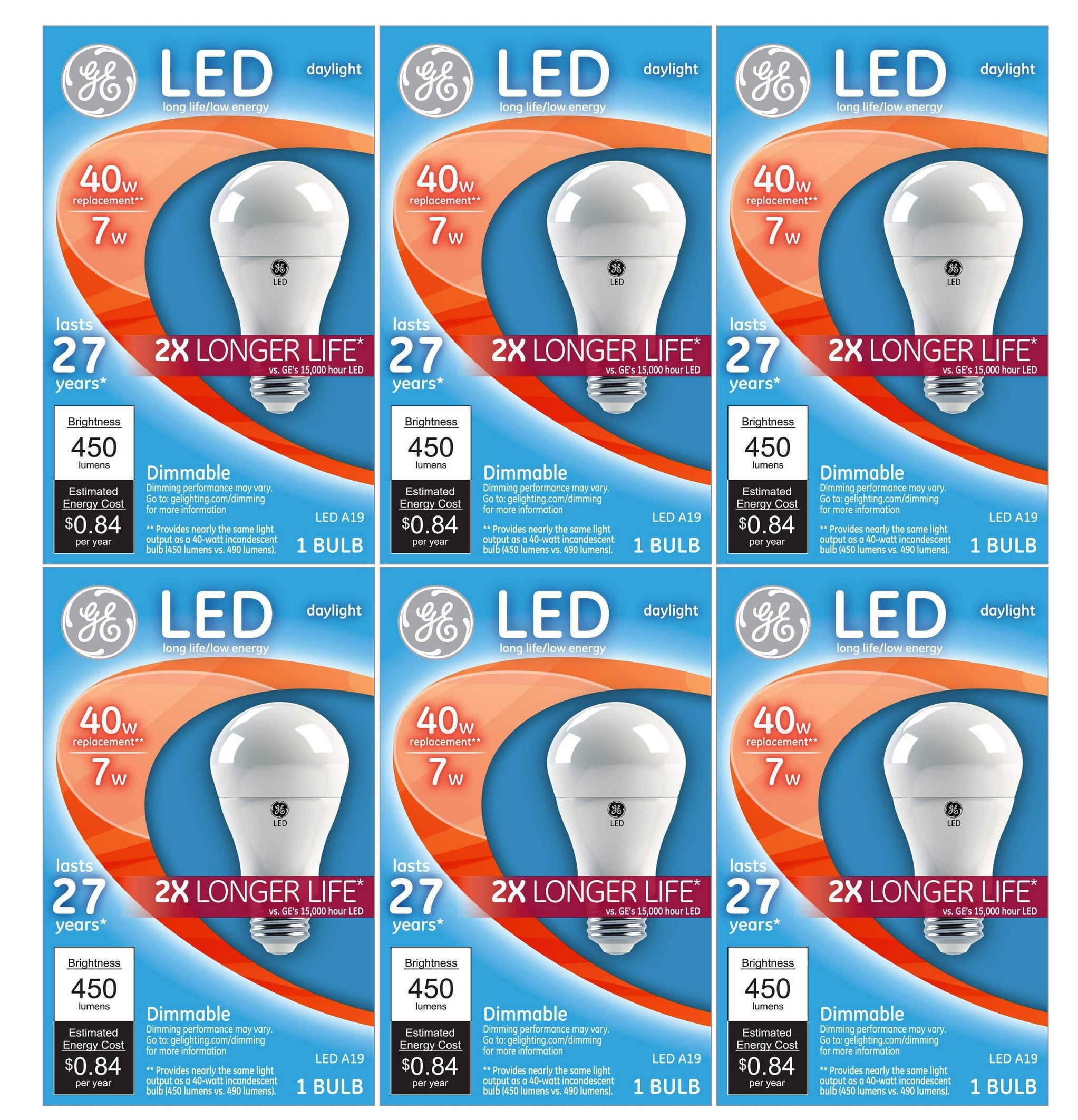 (6 bulbs) GE Lighting A19 LED Light Bulb, Daylight, 7 Watt (40W ...