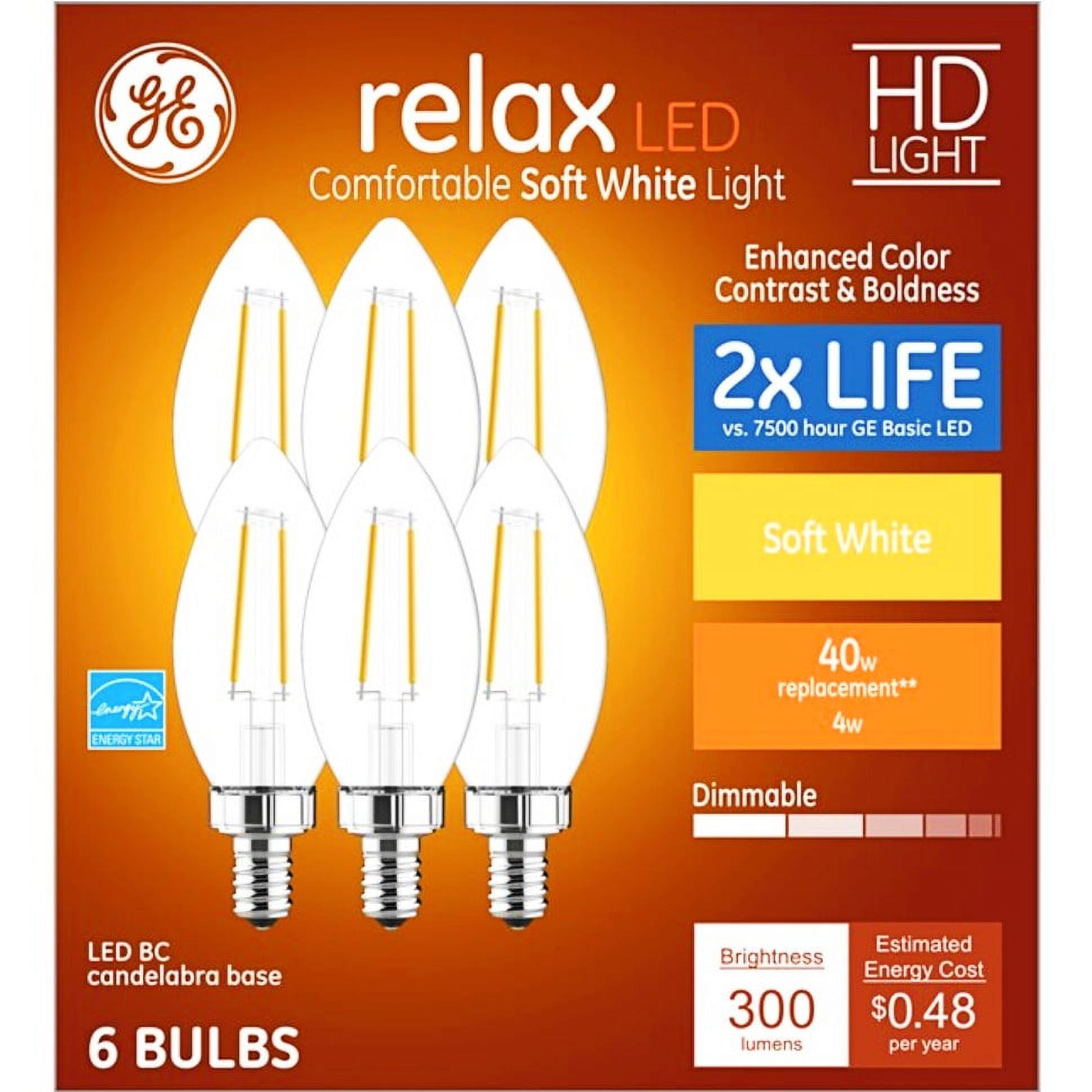 GE Relax LED Candelabra Bulbs 6 Pack Dimmable 40W Equivalent Soft White ...