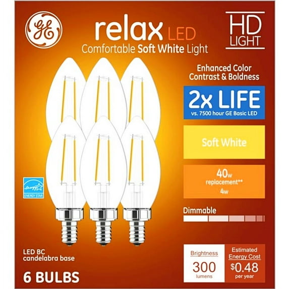 GE Relax LED Candelabra Bulbs 6 Pack Dimmable 40W Equivalent Soft White 300 Lumens - Walmart.com
