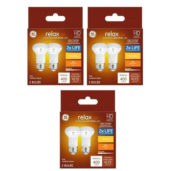 (6 bulbs) GE Relax LED R16, 6 watt, 400 lumen Dimmable, Soft White LED ...