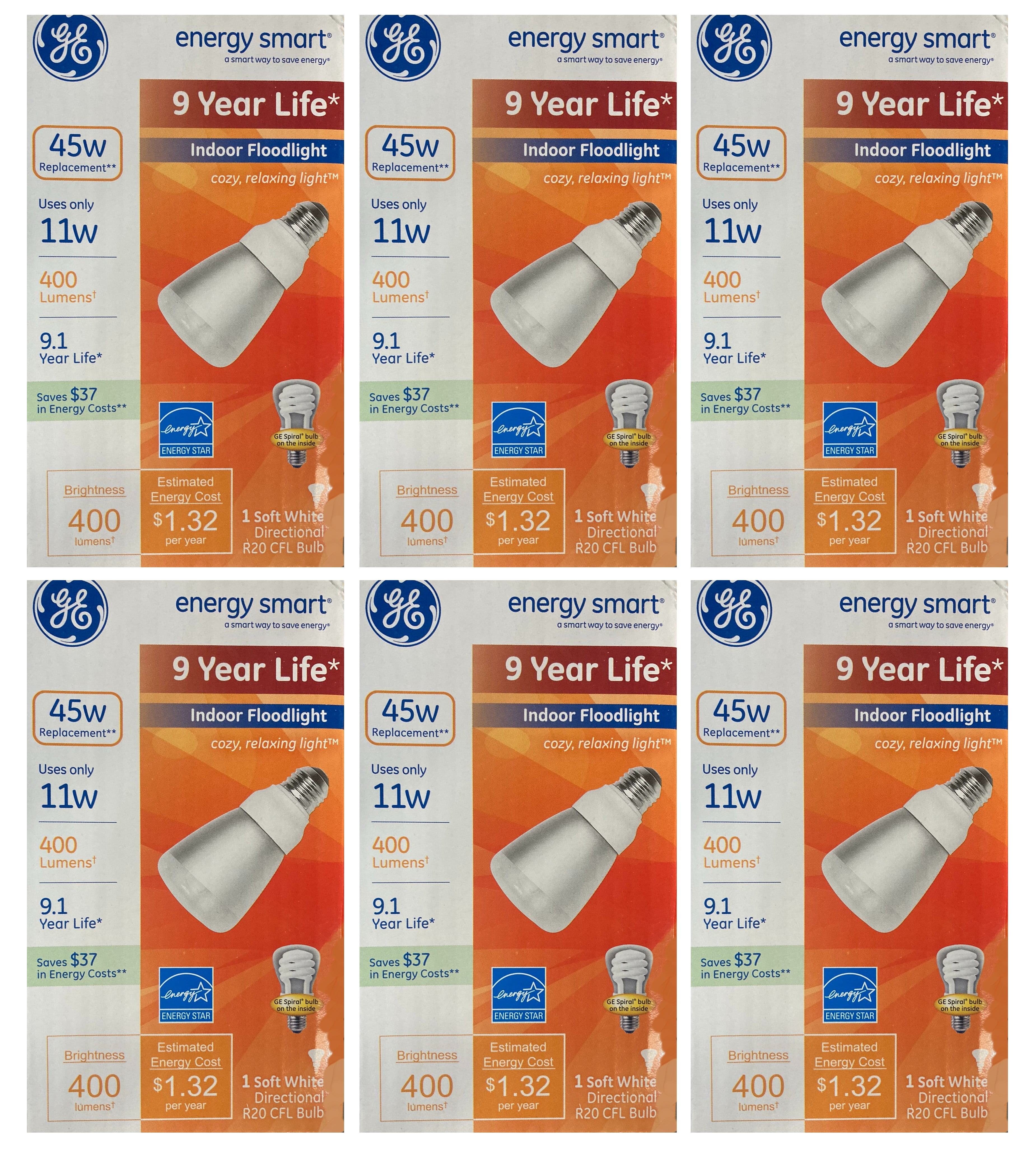 (6 bulbs) GE energy smart CFL R20, 400 lumens, 45 watt equivalent, soft ...