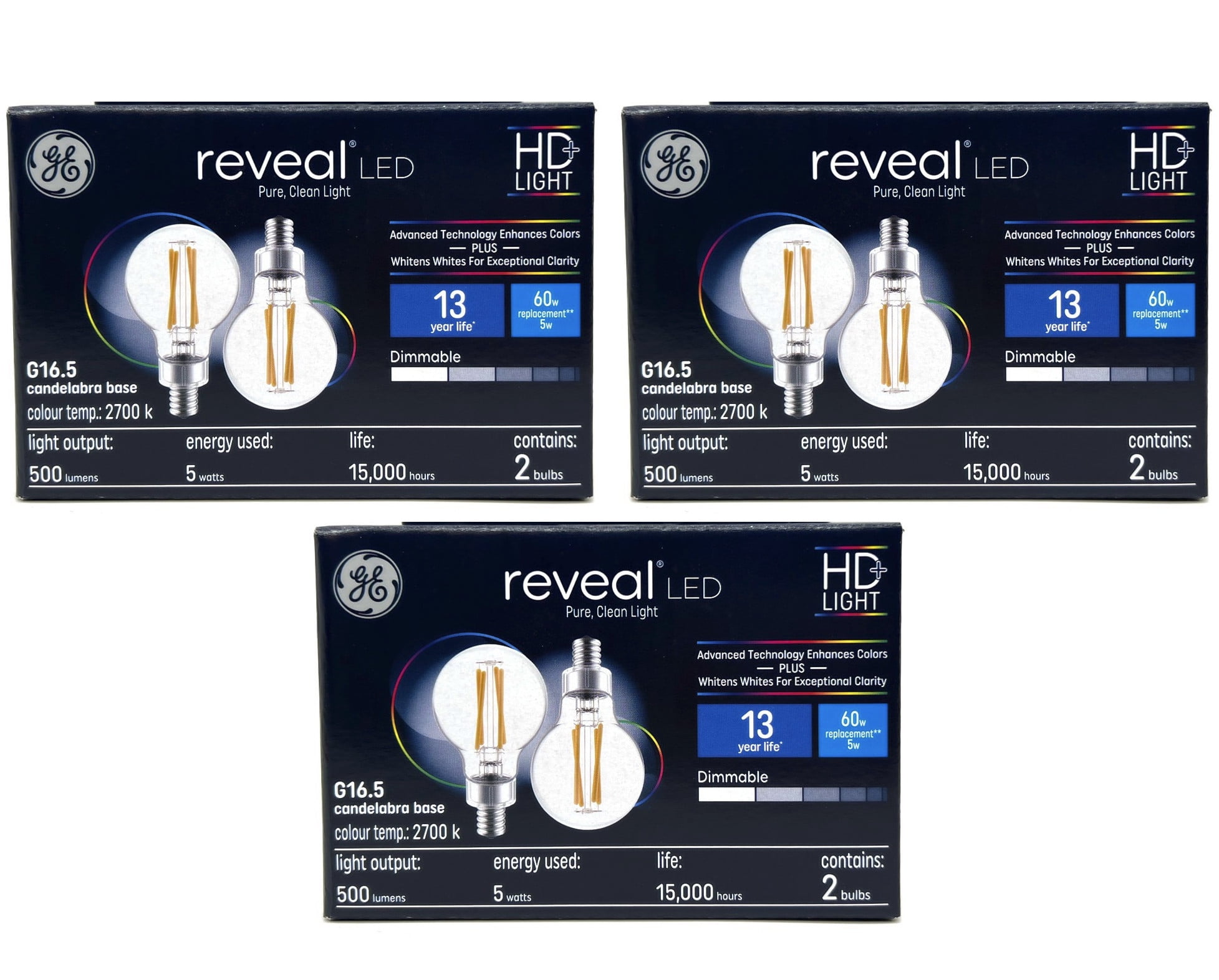 (6 bulbs) GE reveal LED G16.5, candelabra base, 5 watt, 500 lumen, 60 ...