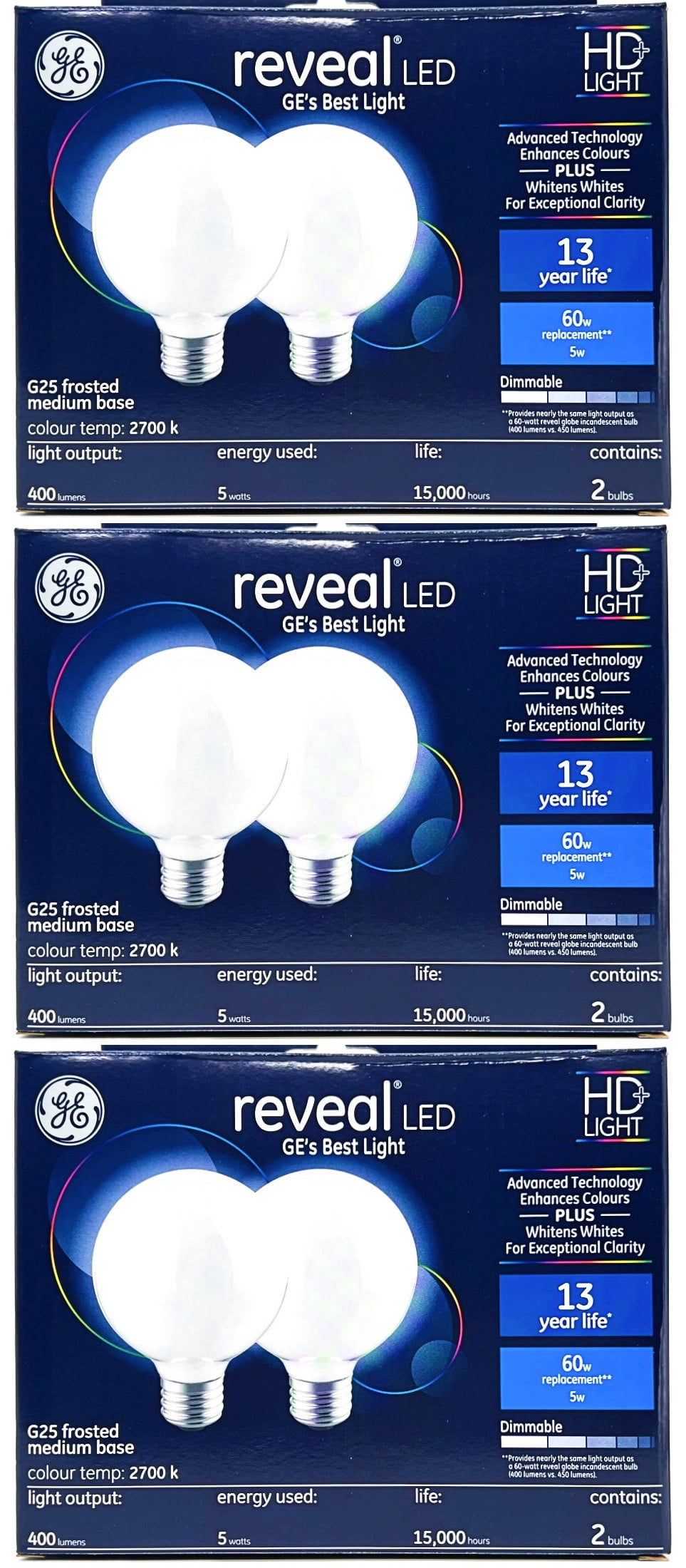 (6 bulbs) GE reveal LED HD+ Color-Enhancing G25 Globe, 5 watt, 400 ...
