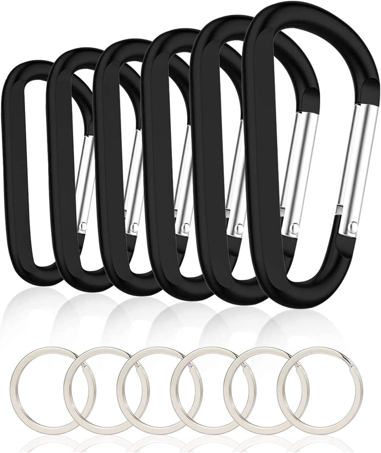 6 count Black Carabiner Caribeaner Clip,3" Large D Ring Shape ...