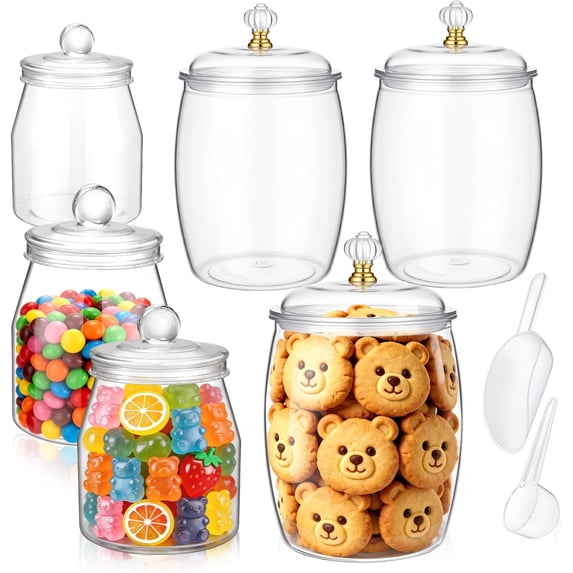 6 count Candy Jar with and Spoons Clear Plastic Cookie Container ...